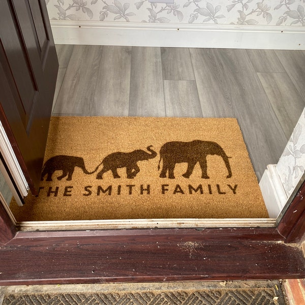Personalised Elephant Family Door Mat, Personalized Doormat, Custom ...