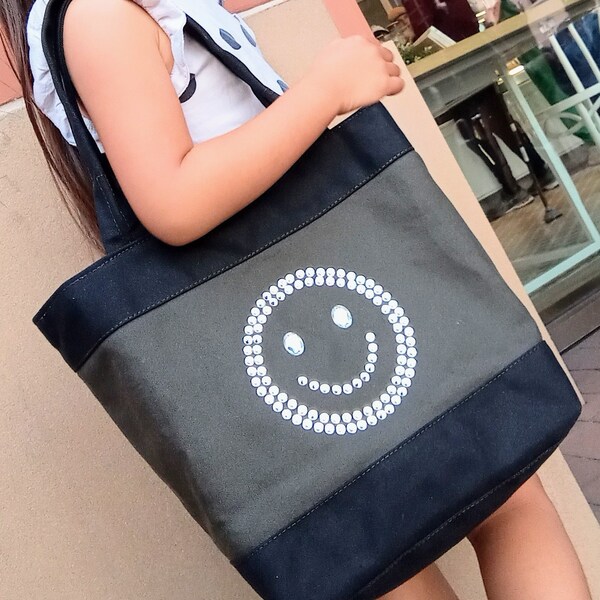 Cute Canvas Tote Bag, Smile Face Bag With 3 Pockets, Market Tote, Fun ...