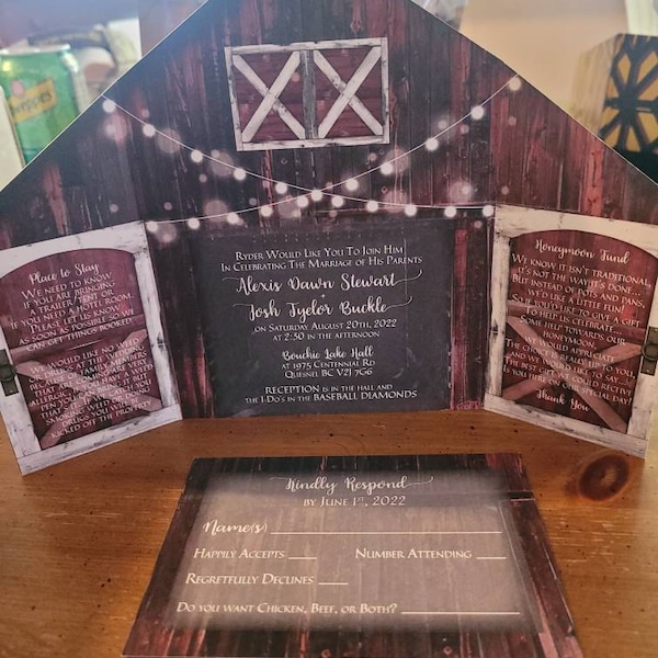 Rustic Red Barn Wedding Invitation With Folding Doors and Strings of ...