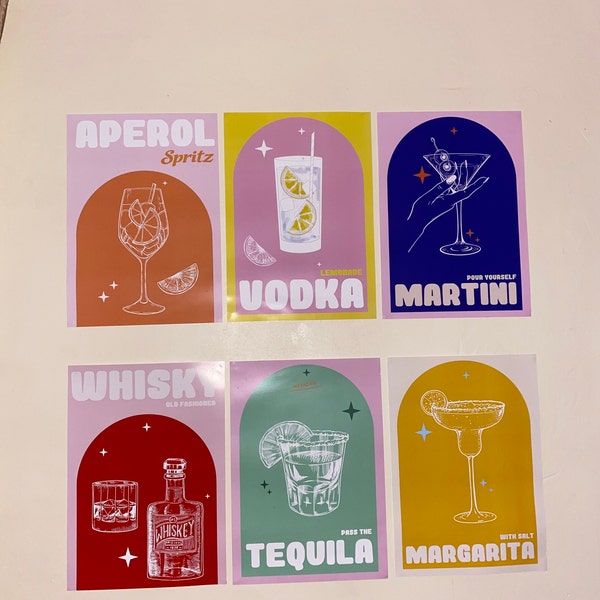 Cocktail Drink Print Set, A3, A4, Set of 6, , Bar Prints, Wall Art ...