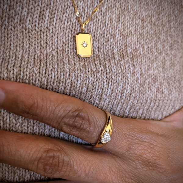 14k Solid Gold Rectangle Pendant Necklace/ Teardrop Pendant ...