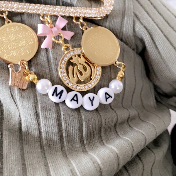 Personalized 4 Qul Ayatul Kursi Allah Pink Blue Diamante Baby Pin ...
