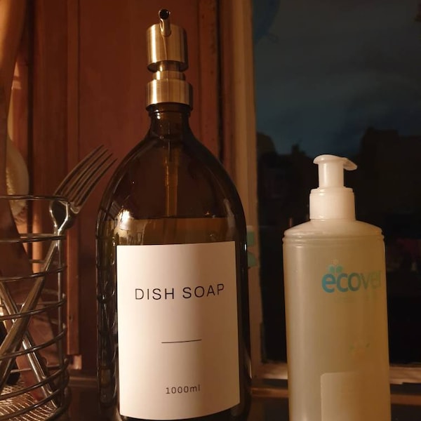 Amber Glass Soap Dispenser - Labelled Refillable Bottle With Metal Pump ...