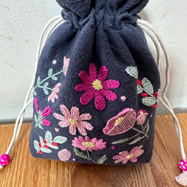 Flowers Hand Embroidery Small Bag Sew Kit,floral Embroidery Drawstring ...