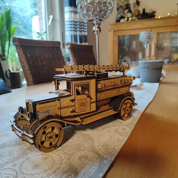 Vintage Fire Truck 3D Model: Laser Cut Wooden Puzzle (SVG DXF Digital ...
