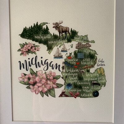 Michigan State Map Gift Illustration Landmarks MI Wall Art Print or ...