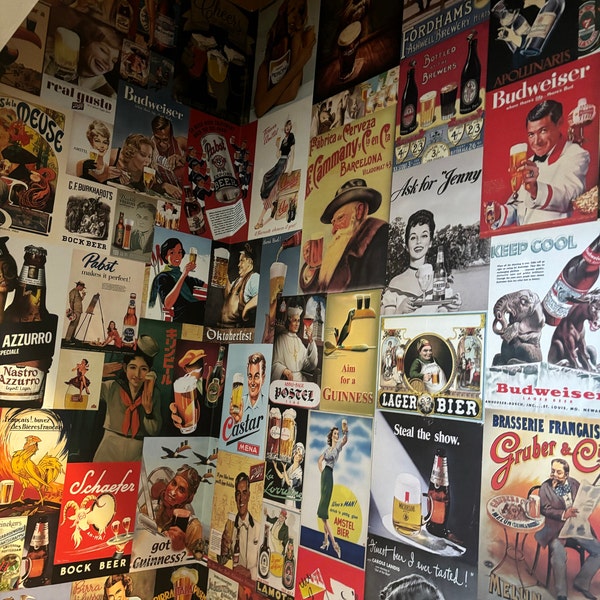Vintage Beer Posters Aesthetic Collage Wallpaper, Home Bar Design Wall ...