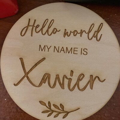 Hello World Personalized Baby Name Disc/ Wooden Baby Disc / Wood Baby ...