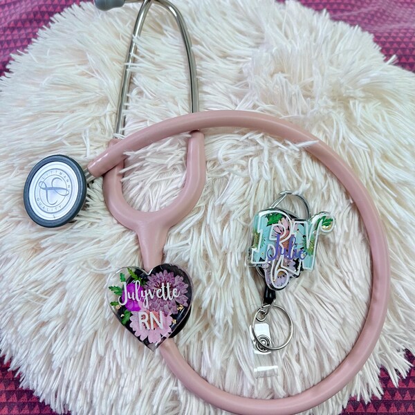 Heart Shape Custom Stethoscope Name Tag-dry Pressed Flowers-gift for ...