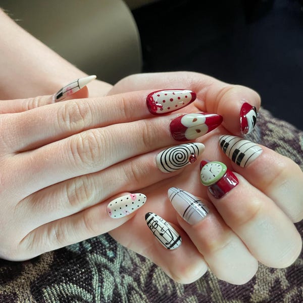 Whimsical Hand-painted Nail Art Set With Clocks, Music Notes, Apples ...