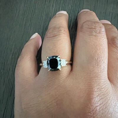 Black Engagement Ring, Square Black Natural Diamond, Three Sided Band ...