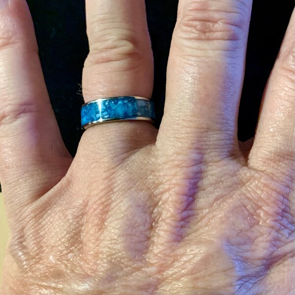 Cremation Ring - Oyster Inlay - Ocean Blue - Cremation Jewelry - Oyster Shell - Ashes Ring ...