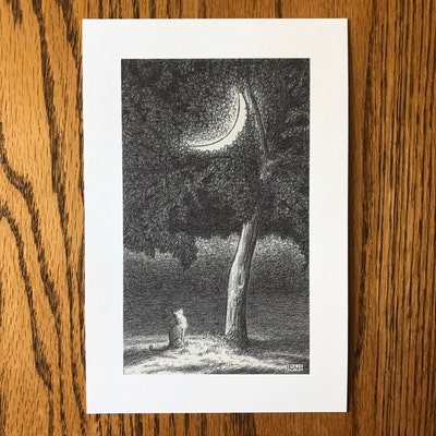 Lonely Cat Glowing Lamp Post Cat Ink Drawing Moody Night - Etsy