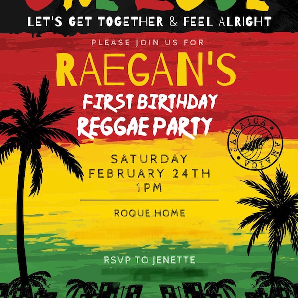 One Love Birthday Invitation, Reggae Invitation, Jamaican Theme ...
