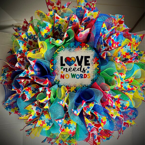 Love Needs No Words Autism Awareness Wreath Sign-puzzle Pieces-multi ...