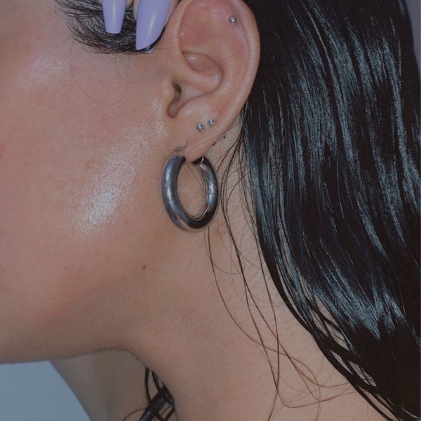 Silver Hoop Earrings Silver Hollow Hoop Earrings Pipe Earrings Thick ...