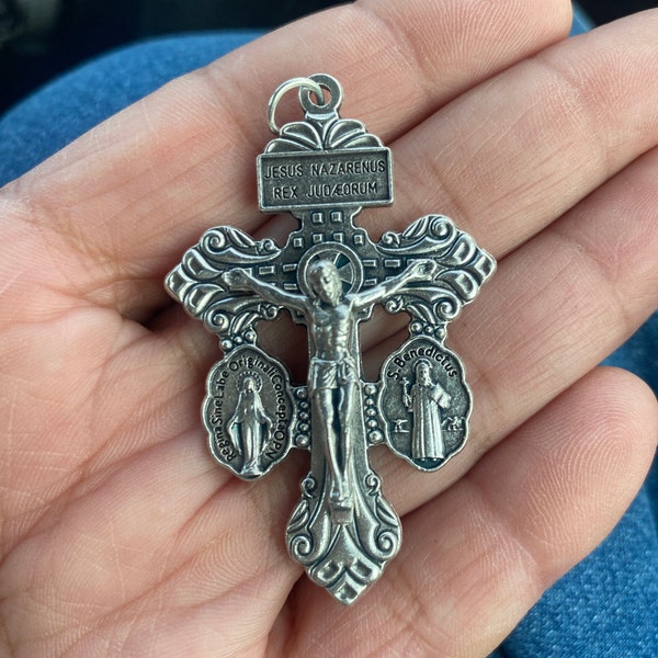 Oxidized Silver 2-1/8" · Made in Italy · 3-way Pardon Indulgence Crucifix Miraculous & Saint St ...