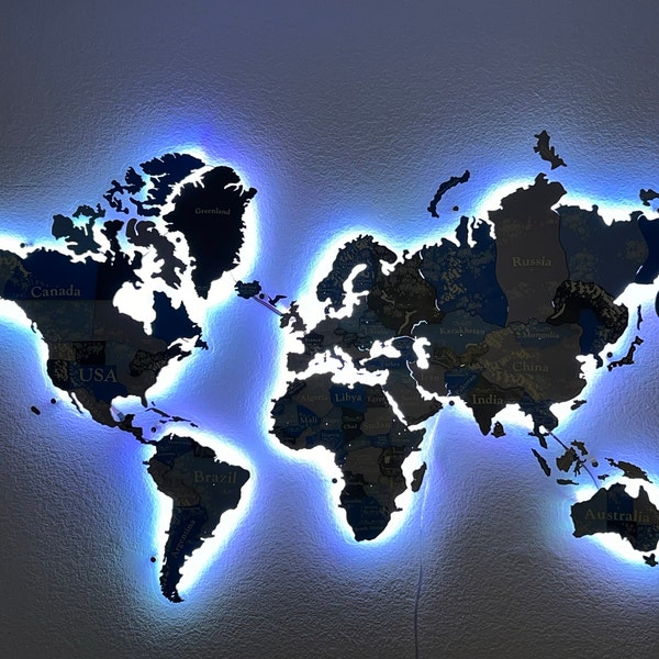 Led 3D Wall Map Art, Led Wall Art, Apartment Decor, World Map With LED Lighting, Illuminated ...