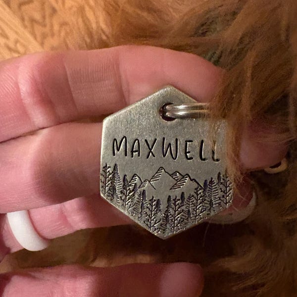 Pet ID Tag, Mountain Trees Dog Tag, Dog Collar Tag, Pet Name Tag, Hand ...