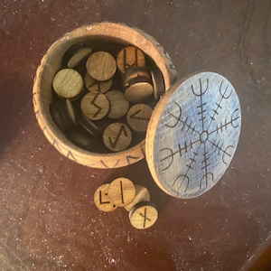 Hand Turned Alder Wood Box of 24 Dark Wood Runes Round Small Rune Set ...