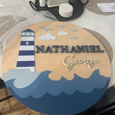 Lighthouse Name Sign, Nautical Nursery Theme, Round 3D Nursery Name ...