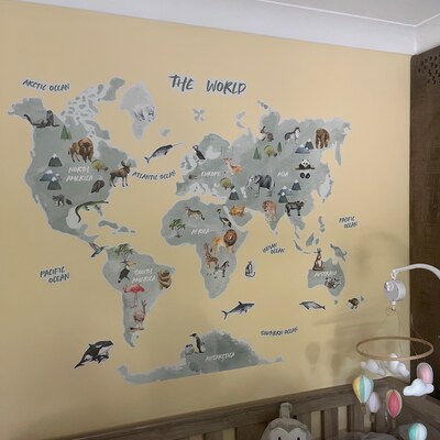 Animal World Map Wall Sticker Kids World Map Decal World Map Wall Decal ...