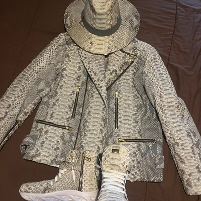 Custom King Python Leather Jacket, Womans Biker Snakeskin Jacket, Black ...