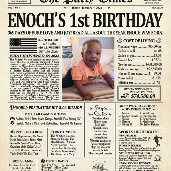 1st Birthday Newspaper Poster Sign, 1st Birthday Gift for Son or ...