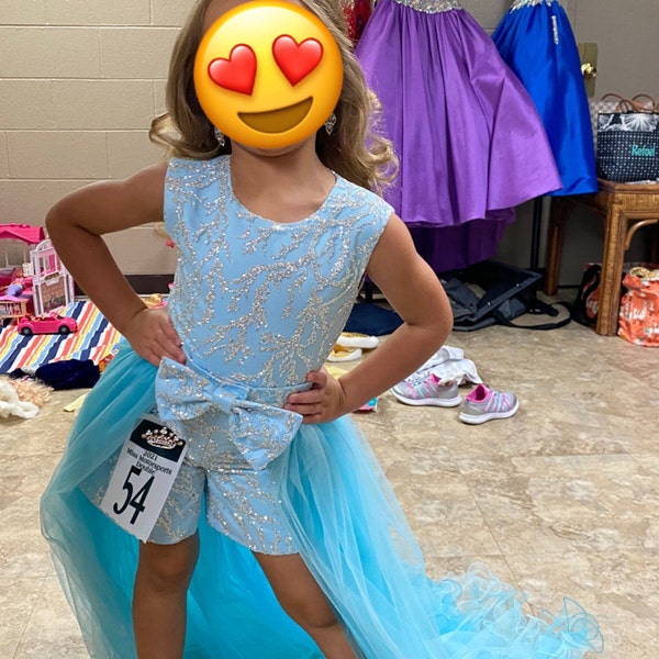 Blue Silver Glitter Pageant Fun Fashion Outfit With Train and Romper ...