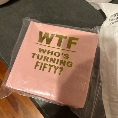 50th Birthday Decoration, WTF Who's Turning Fifty Beverage Napkins ...