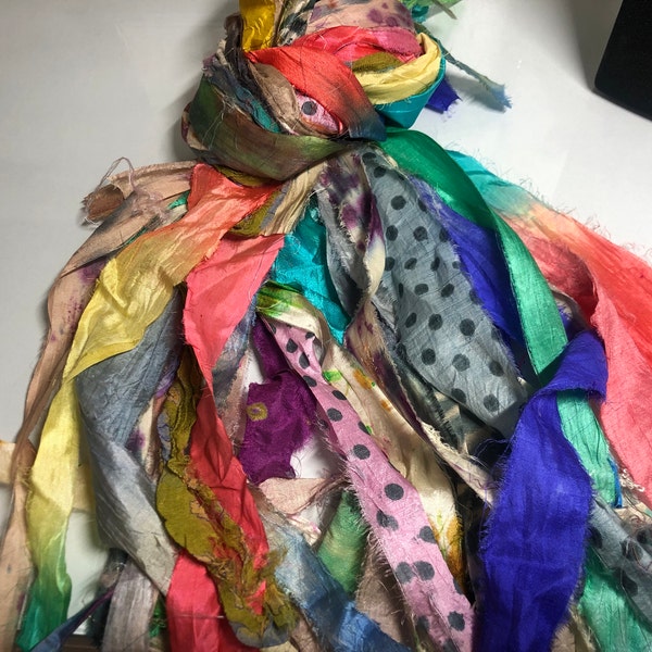 30 Yards/30,20 Strips Multi Recycled Sari Silk Ribbon Yarn Scrap ...