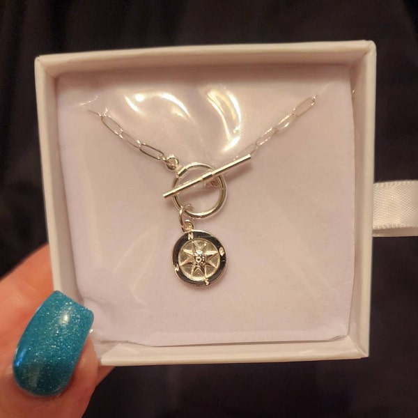 Silver Compass Necklace, Paperclip Chain Necklace With Toggle Closure ...