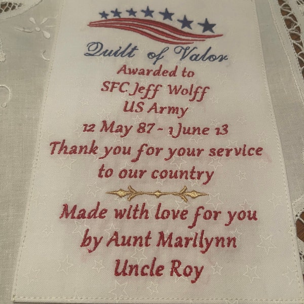 A Very Special Quilted Point Squares Custom Embroidered Quilt Label ...