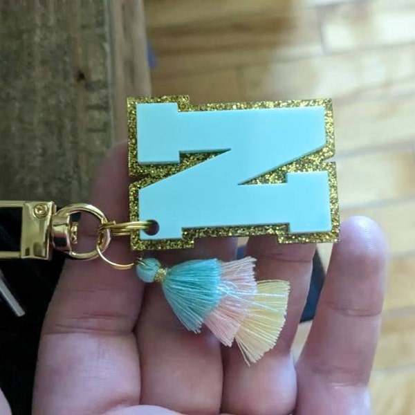 Varsity Letter Keychain With Mini Ombre Tassel | Initial Zipper Pull ...