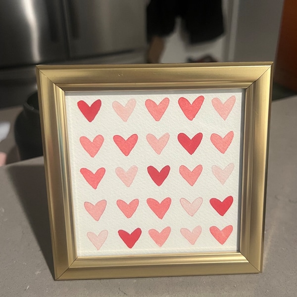Hand-painted Watercolor Hearts With Gold Frame 4inx4in, Valentine’s Day ...