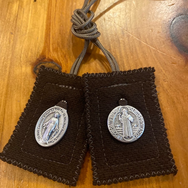 Handmade Brown Wool Scapular: Our Lady of Mt. Carmel, Miraculous Medal ...