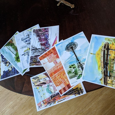 SEATTLE POSTCARDS Set of Eight 8 Assorted 4x6 Illustrated Pacific ...