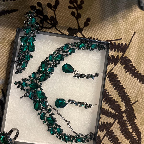 Green Earrings Necklace Set Emerald Green Rhinestone Crystal Drop ...