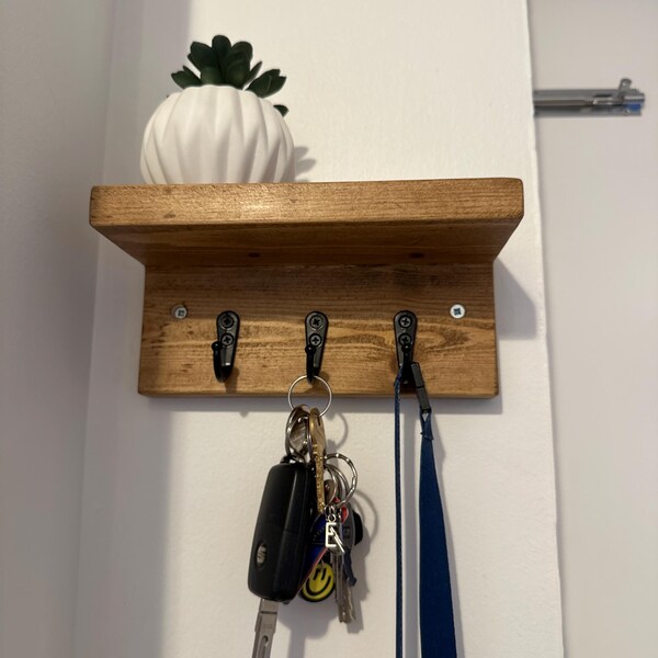 Dark Oak Waxed Wall Mounted Key Holder With Shelf “black Hooks” Key ...