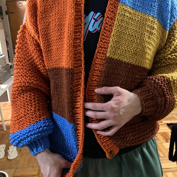 Colorful Cardigan for Men, Patchwork Trendy Sweater, Vintage Knitted ...