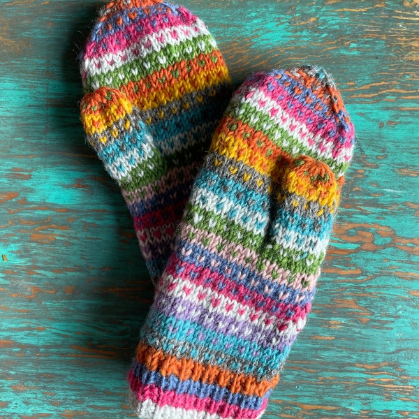 Women’s Dots & Stripes Knitted Bobble Beanie, Handwarmers, Mittens ...