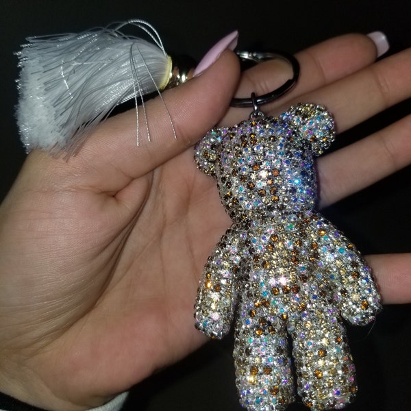 Kerry Made Sparkle Bear Keychain Champagne Bling Bear Tassel Keychains ...