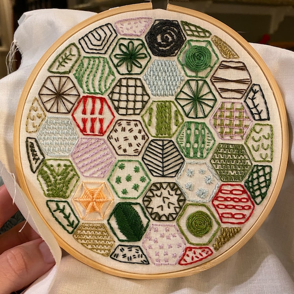 Hexagon Sampler, Hand Embroidery PDF Pattern, Embroidery Sampler, Learn ...