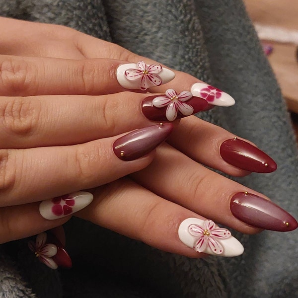 Blue and White Porcelain Nails/3d Floral Press on Nails Long Square ...