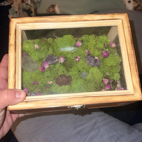 Terrarium Box Crystal Garden | Rustic Wood and Glass Fairy Garden Gift ...