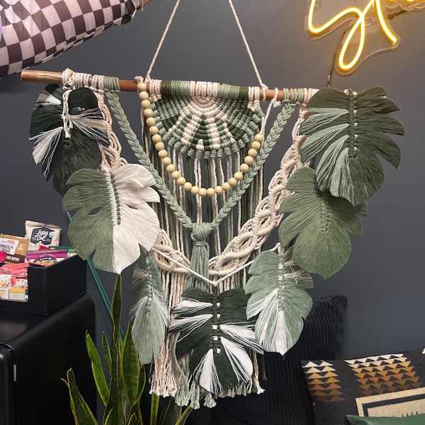 Monstera Green Leaf Macrame Large Wall Hanging, Large Leaf Macrame Wall ...