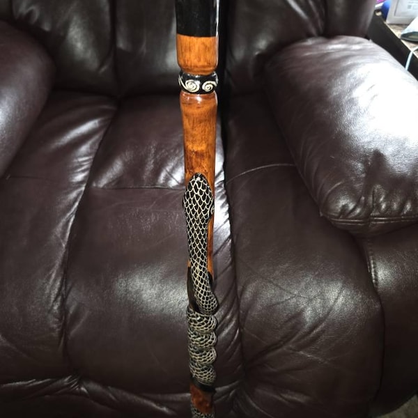 Handmade Wooden Walking Cane | Snake Embroidered & Patterned Walking ...