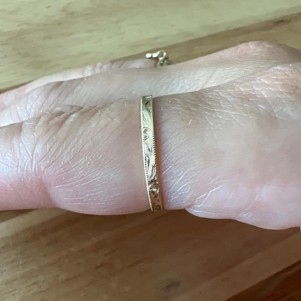 14 Karat, Solid Gold, Hand Engraved, Stackable Ring, Yellow Gold ...