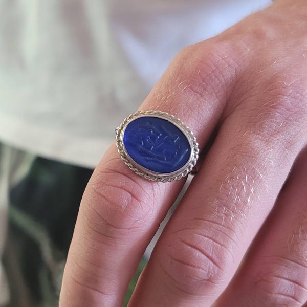 Lydia Lion and Bull Ring, Blue Intaglio Glass Ring, Historical Ring ...