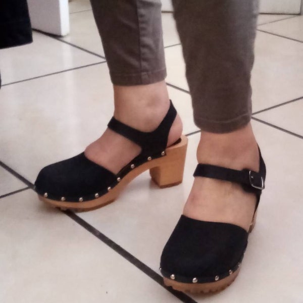 Men's Black Wooden Clogs | Handmade Natural Leather Footwear ...